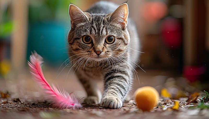 Cute Kitten Playing with Toy on Table Indoors Generated by AI Stock ...