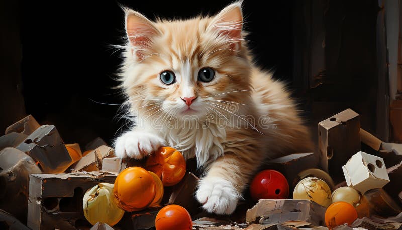 Cute Kitten Playing with a Toy on a Wooden Table Generated by AI Stock ...