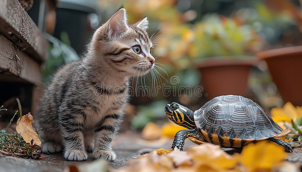 Cute Kitten Playing with Turtle in Green Grass Generated by AI Stock ...