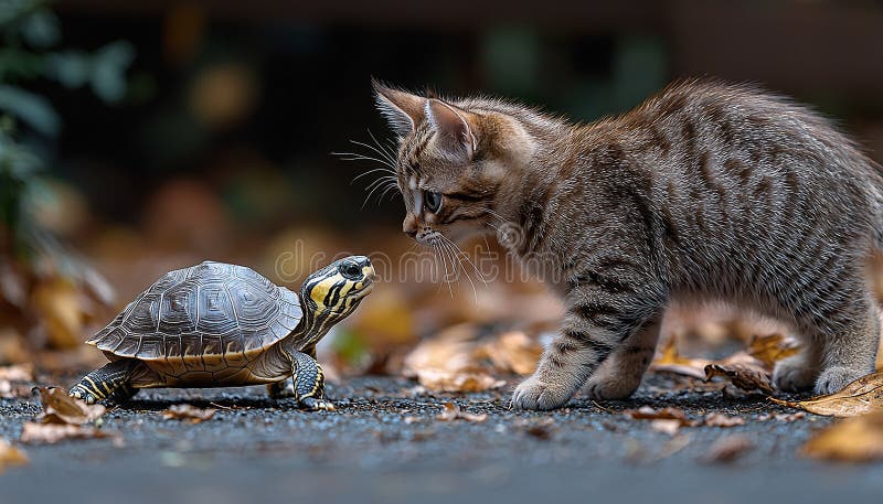 Cute Kitten Playing with Turtle in Nature Grass Generated by AI Stock ...