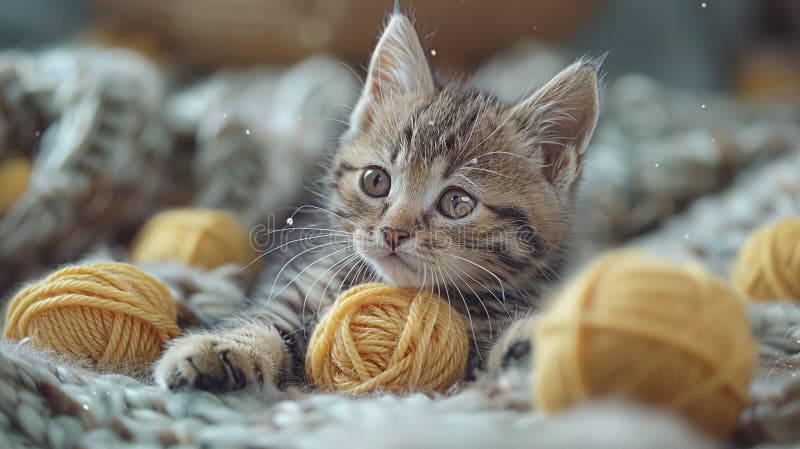 Cute Kitten Playing with Yarn Balls Stock Illustration - Illustration ...