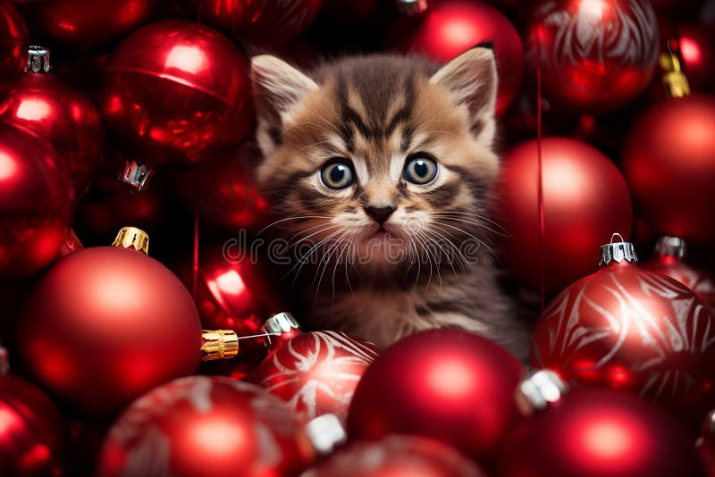 Cute Kitten Plays with Christmas Tree Balls. Generative AI Stock ...