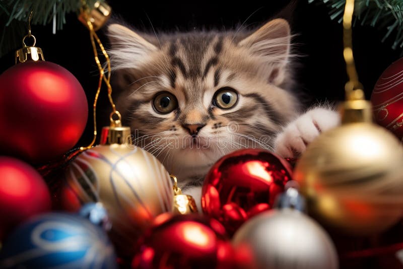 Cute Kitten Plays with Christmas Tree Balls. Generative AI Stock ...