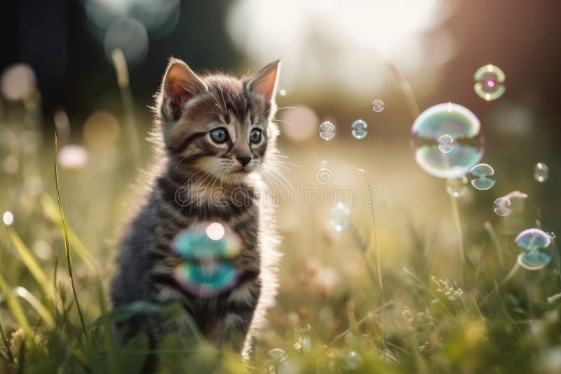 A Cute Kitten Plays with Soap Bubbles in the Flat Grass Created with Generative AI Technology ...