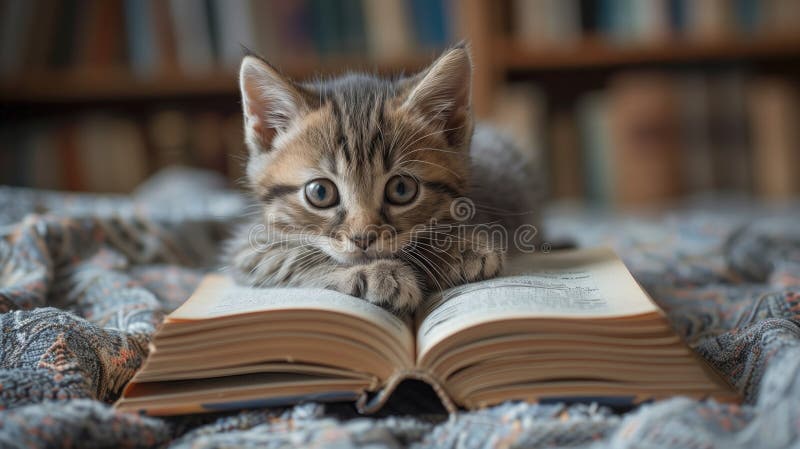 Cute kitten reading a book stock image. Image of pedigreed - 312937307