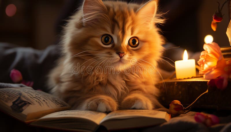 Cute Kitten Reading Book, Cozy by Candlelight, Peaceful and Relaxed ...