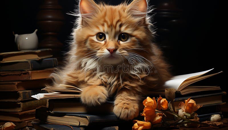Cute Kitten Reading Book, Learning Wisdom in the Library Generated by ...