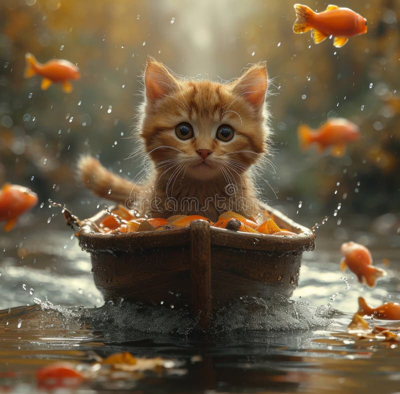 Cute Kitten Sails in Boat on the Lake with Gold Fish Stock Photo ...