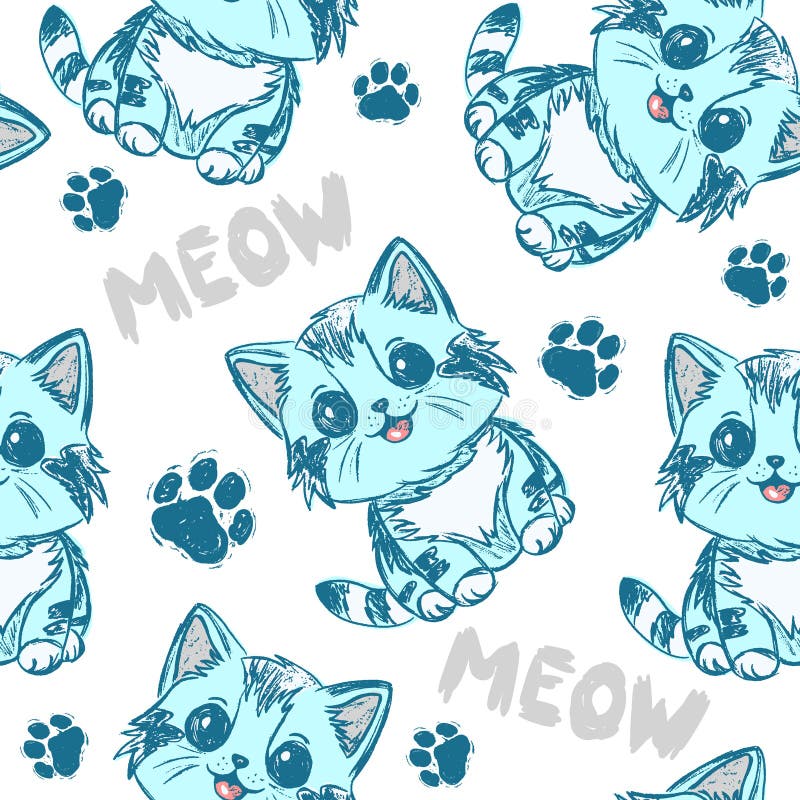 Cute Kitten Seamless Pattern, Vector Boy Cat with Paw and Meow Stock ...