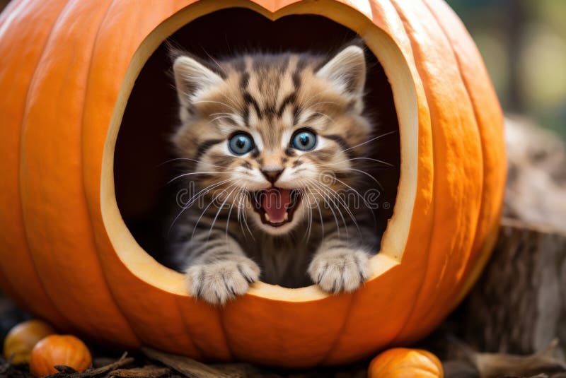 A Cute Kitten Sits into Large Pumpkin Stock Illustration - Illustration ...