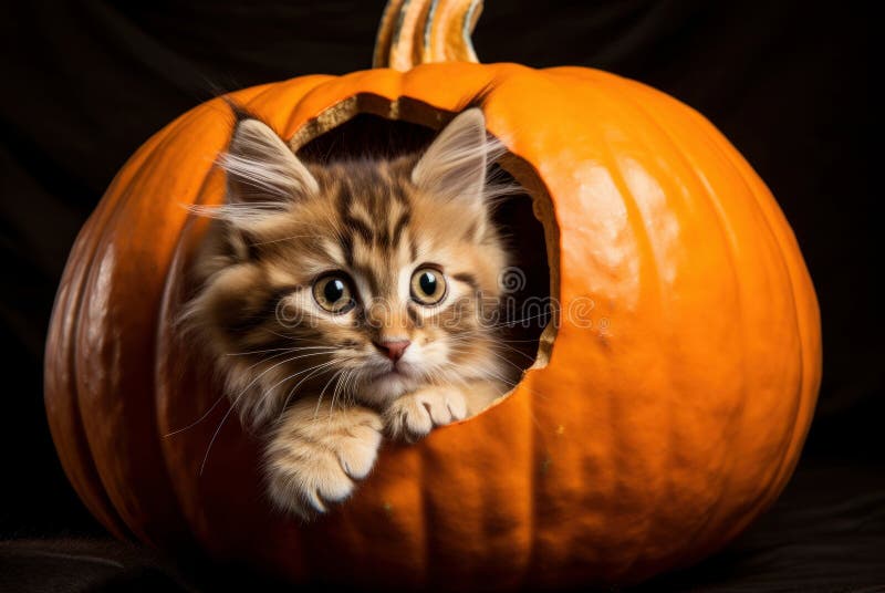 A Cute Kitten Sits into Pumpkin Stock Illustration - Illustration of ...
