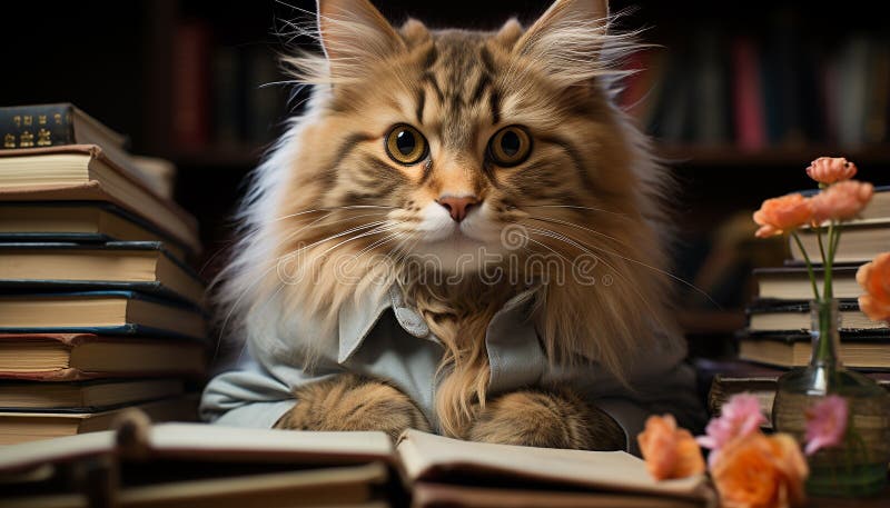 Cute Kitten Sitting on Bookshelf, Reading, Surrounded by Literature ...