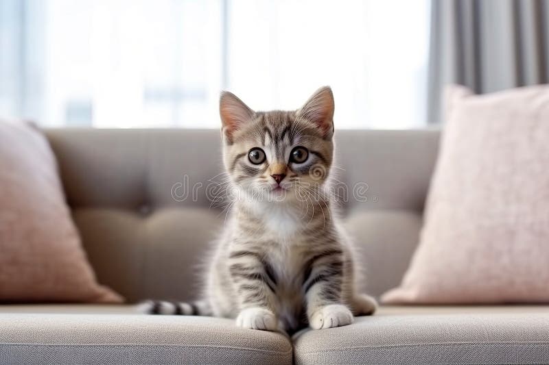 Cute Kitten Sitting on Sofa in a Living Room Generative AI Stock ...