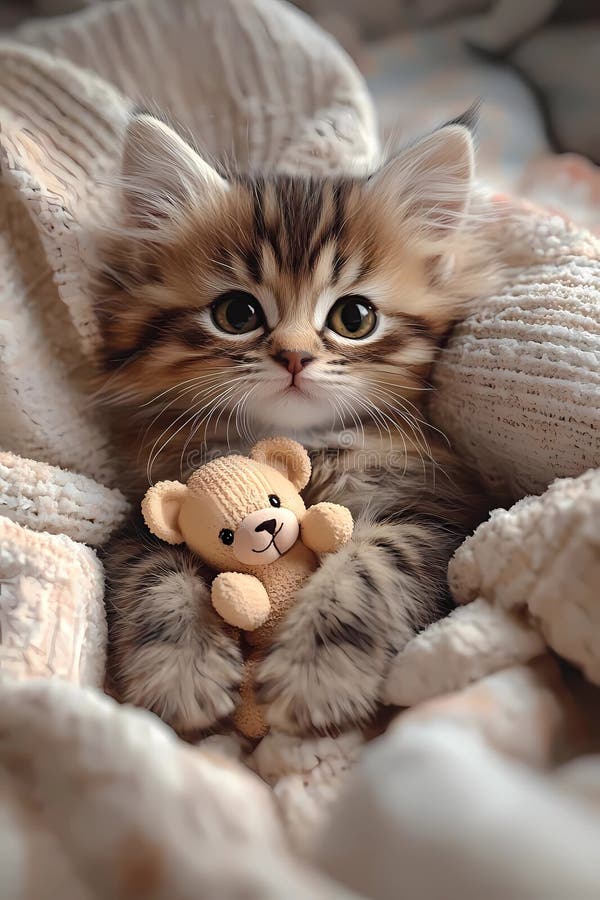 Cute Kitten Snuggles with Tiny Teddy Bears in Cozy Blanket Setting ...
