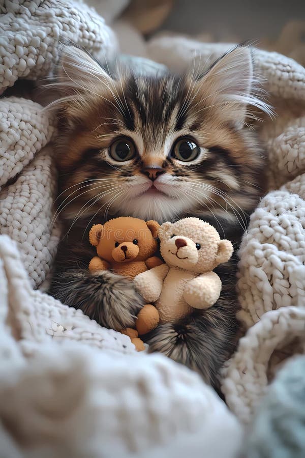 Cute Kitten Snuggles with Tiny Teddy Bears in Cozy Blanket Setting ...