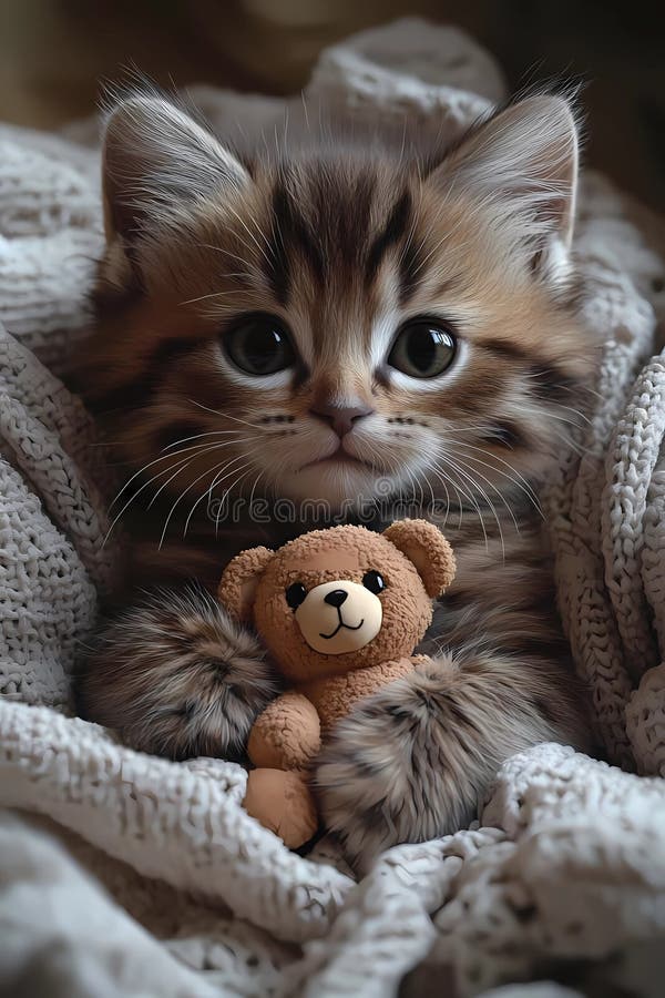 Cute Kitten Snuggles with Tiny Teddy Bears in Cozy Blanket Setting ...