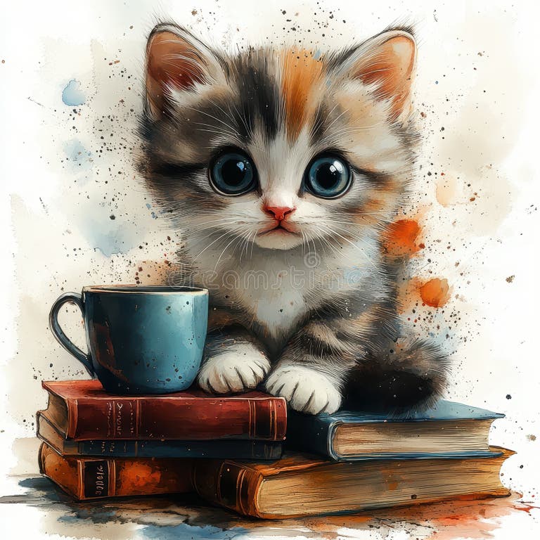 Cute Kitten on Stack of Books with Coffee Cup Stock Illustration ...