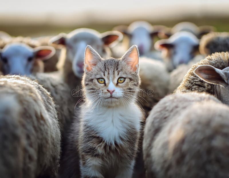 Cute Kitten Standing in Herd of Sheep on Farm Stock Illustration ...