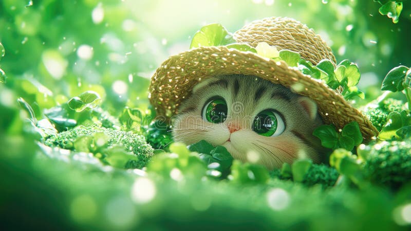 Cute Kitten in Straw Hat Amidst Lush Greenery Stock Image - Image of ...