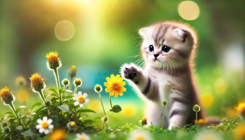 A Cute Kitten Stretches Its Paw To Touch a Flower Stock Illustration ...