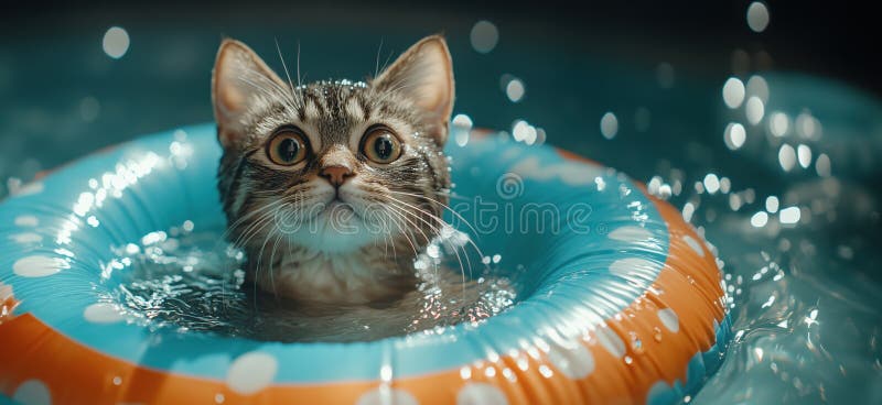 Cute Kitten Swimming in Colorful Pool Float Surrounded by Sparkling ...