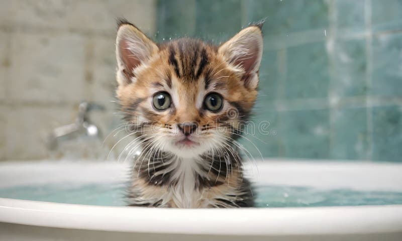 Cute kitten taking a bath stock image. Image of pretty - 305011999