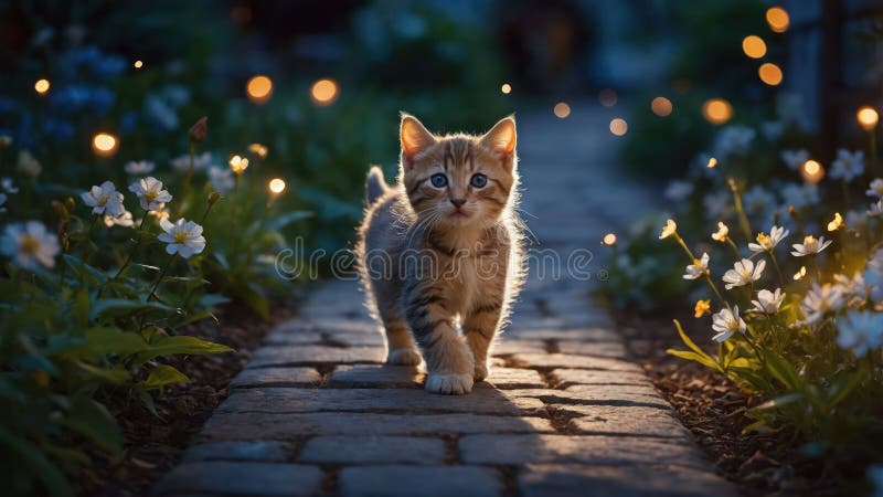 Adorable Kitten Walking on Garden Path at Twilight Stock Illustration ...