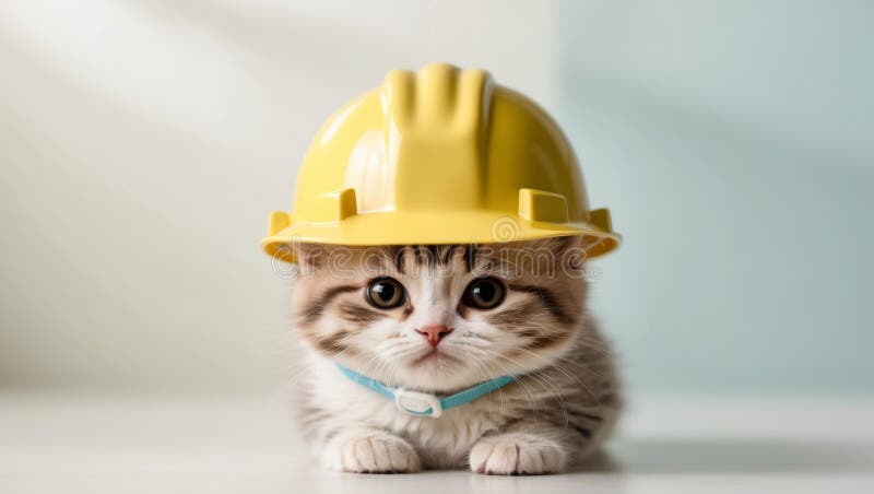 Cute Kitten Wearing Yellow Hard Hat Construction Worker Safety. Stock ...