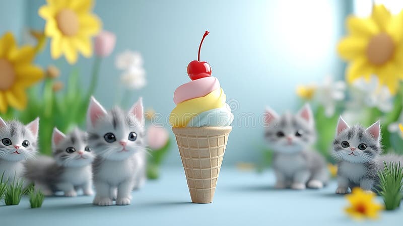 Cute Kittens and Ice Cream in a Spring Garden Stock Illustration ...