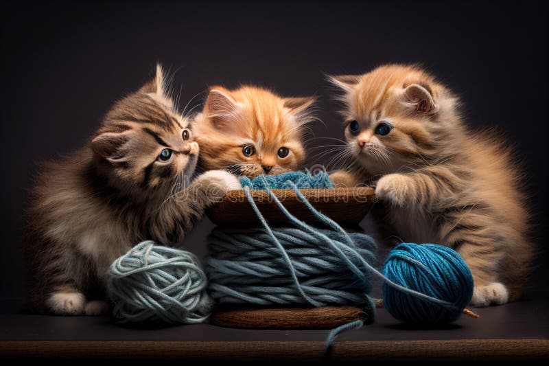Cute Kittens Playing with Yarns and Threads. Generative AI. Stock ...
