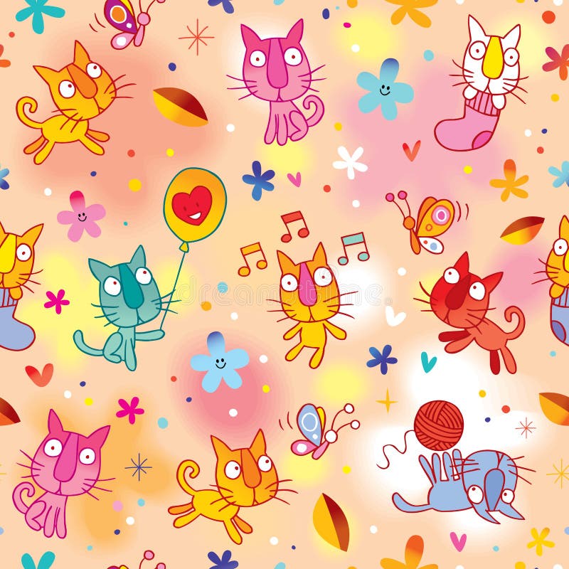 Cute Kittens Seamless Pattern Stock Vector - Illustration of characters ...