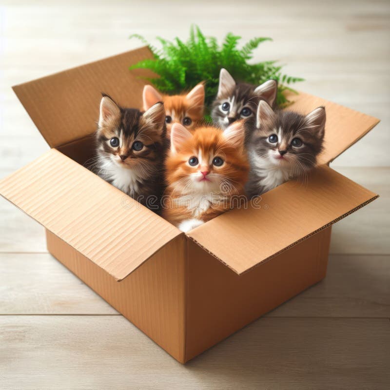 Cute Kittens Sitting in a Cardboard Box. Stock Illustration ...