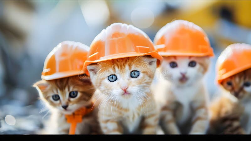 Cute Kittens Wearing Orange Construction Safety Helmets Exploring and ...