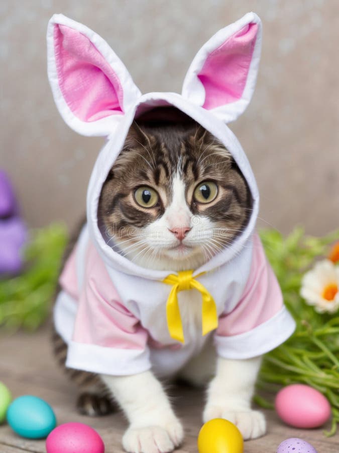 Cute Kitty Cat Dressed As Easter Bunny Amidst Easter Eggs Stock ...