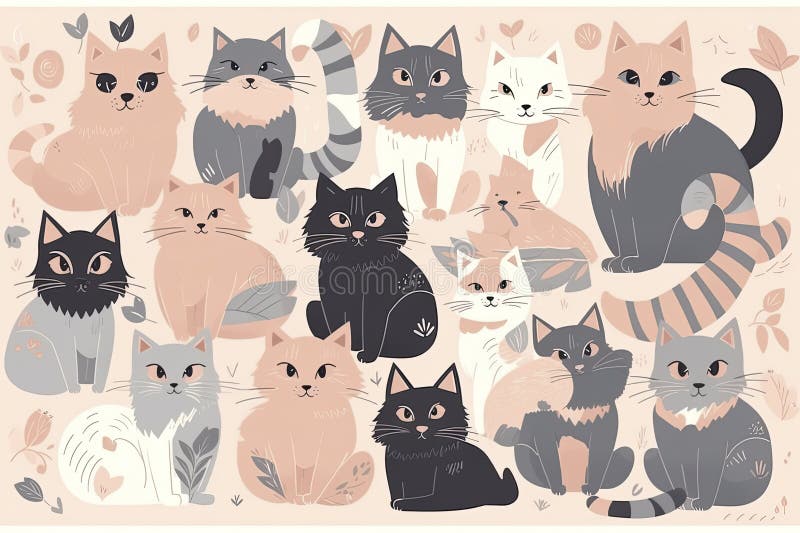 Cute Kitty Cat Vector Illustration Set with Different Cat Breeds Stock ...