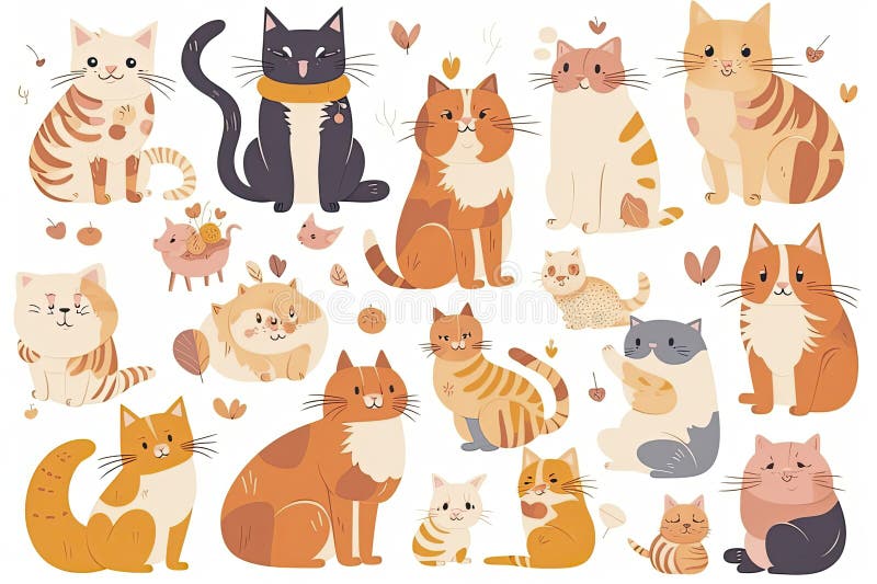 Cute Kitty Cat Vector Illustration Set with Different Cat Breeds Stock ...