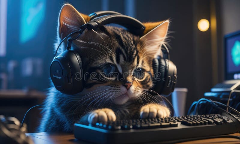 Cute Kitty Gamer Wearing Headphones Sitting at the Computer Stock ...