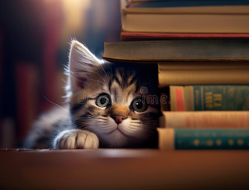 Cute Kitty Hiding among Books on a Shelf Stock Illustration ...