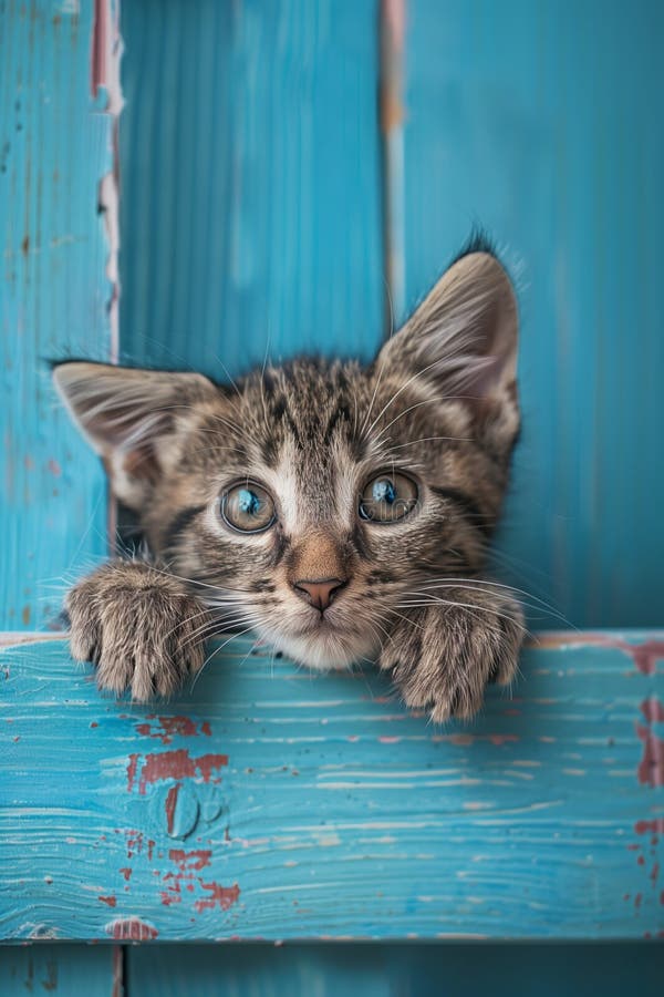 Cute Kitty Hiding and Looking at Camera with Big Eyes Stock Image ...