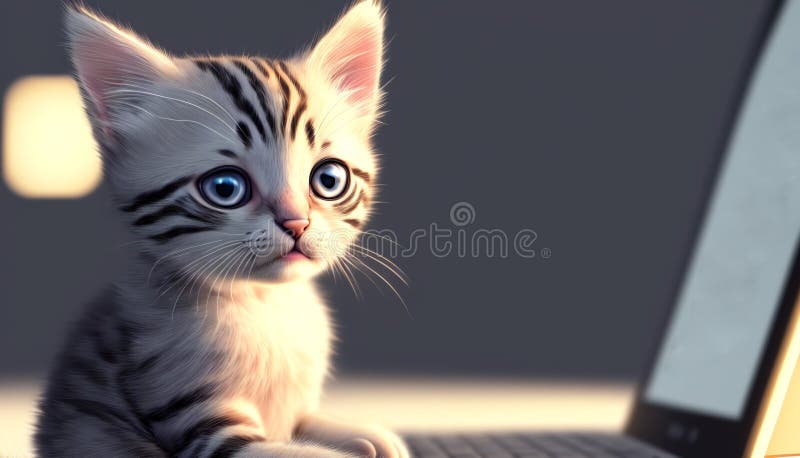 Cute Kitty with Laptop. Portrait of Little Cat Sitting at Laptop ...