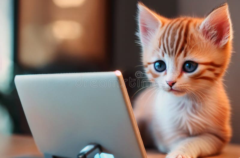 Cute Kitty with Laptop. Portrait of Little Cat Sitting at Laptop ...