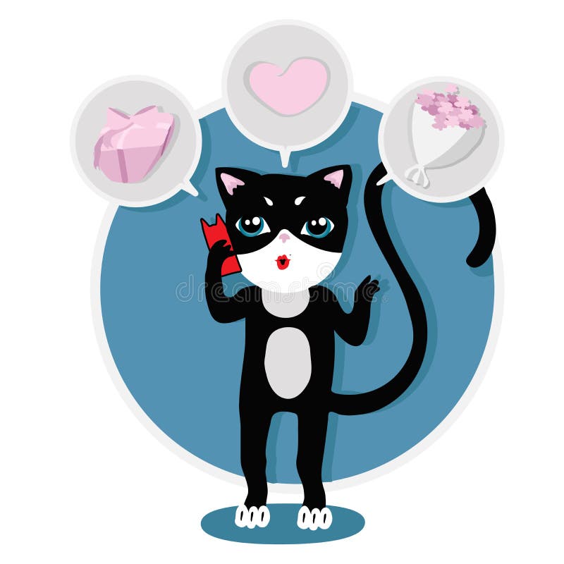 Cute Kitty on the Phone and Choose a Gift Stock Vector - Illustration ...