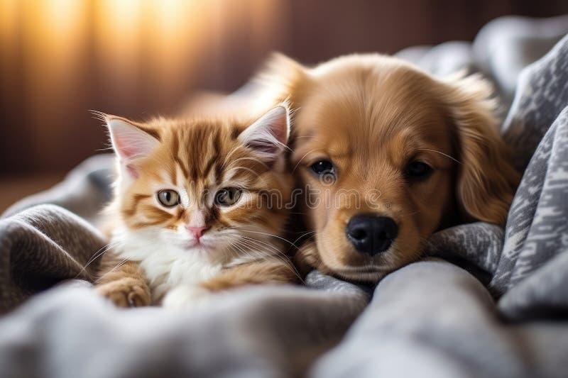 Cute Kitty and Puppy Cudgeling Together Isolated .generative AI Stock ...