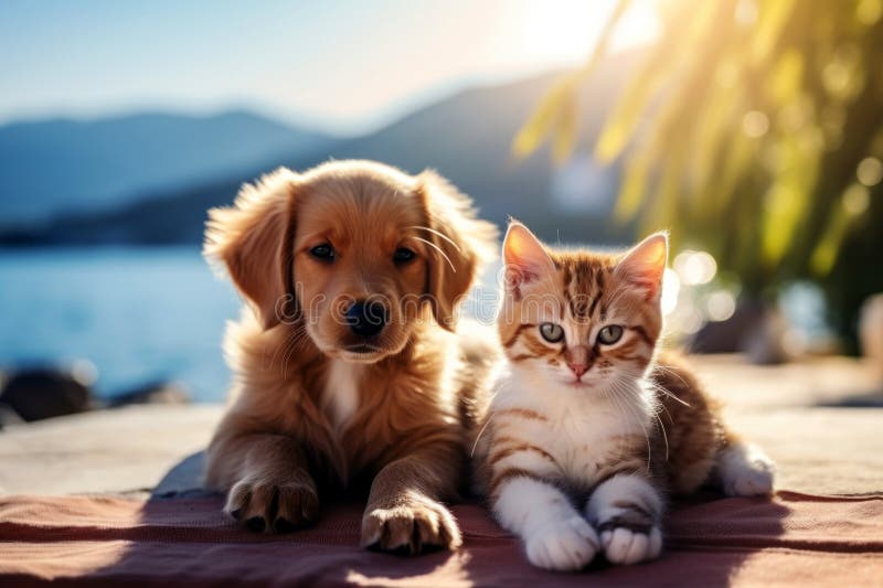 Cute Kitty and Puppy Cudgeling Together Isolated .generative AI Stock ...