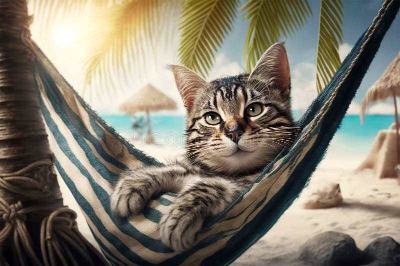 Cute Kitty Relaxing on a Beach in a Hammock. Generative AI Stock ...
