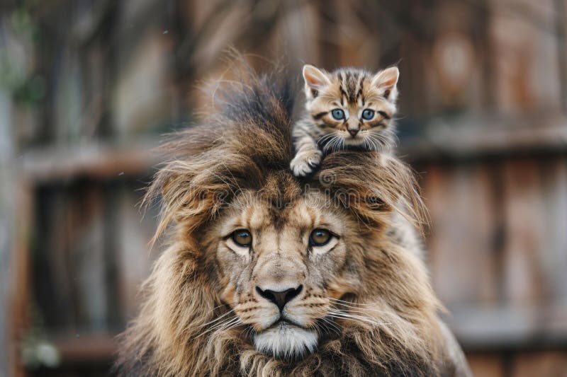 Cute Kitty Sitting on the Lion Head Stock Illustration - Illustration ...