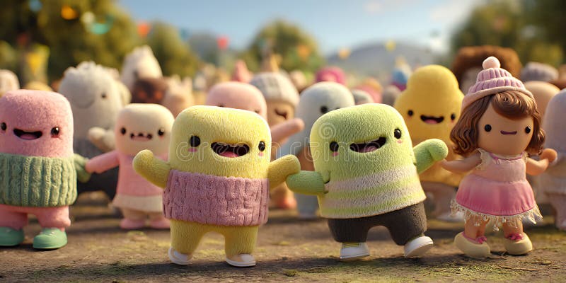 Cute Knitted Characters a Parade of Happy Plush Toys Stock Illustration ...