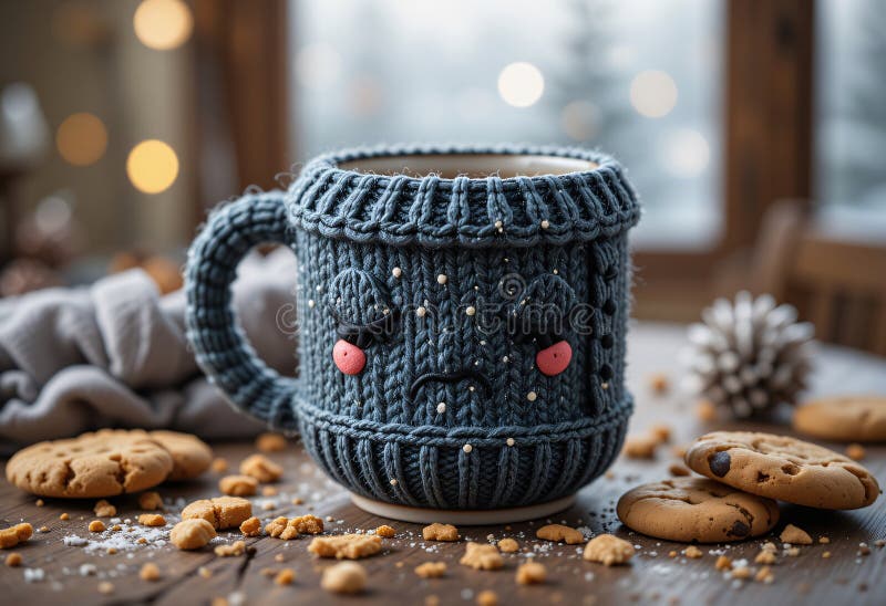 Cute Knitted Mug with a Sad Face and Chocolate Chip Cookies Stock ...