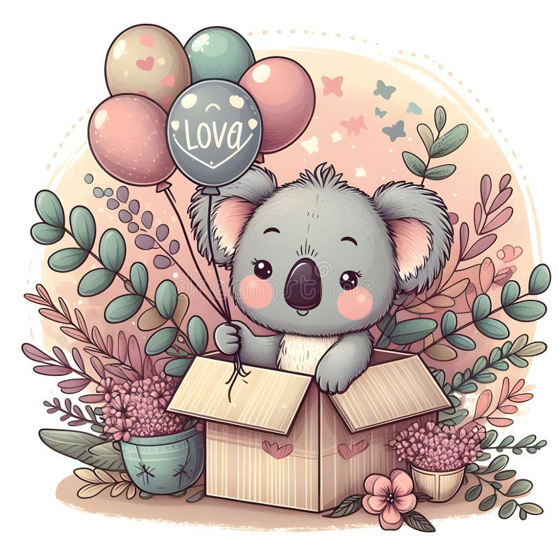 Cute Koala and Balloon in the Box Stock Illustration - Illustration of ...