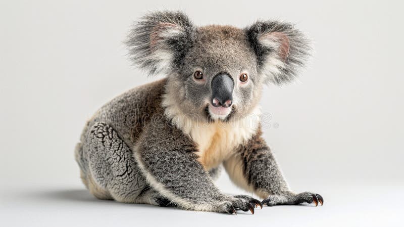 A Cute Koala with Big Ears and a Fluffy Tail Sits on a White Background, Looking at the Camera ...